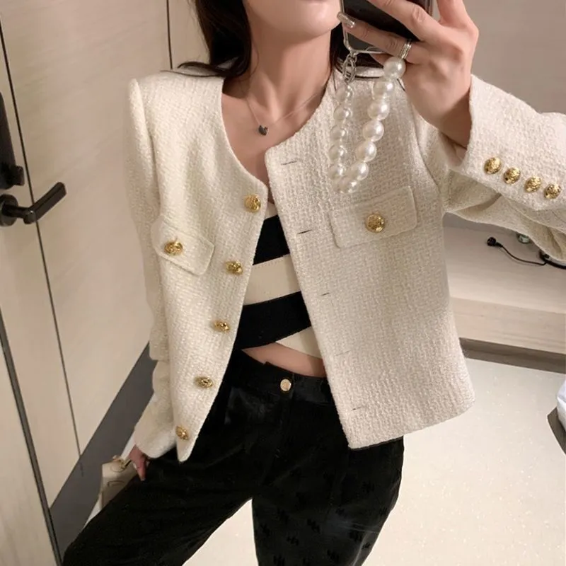 QWEEK Korean Tweed Jacket for Women - Single-Breasted Woolen Coat ...