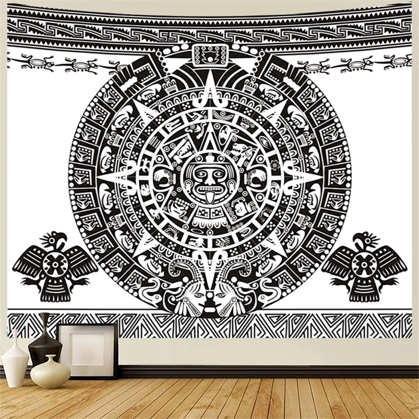 Aztec Calendar Tapestry: Black and White Vintage Mayan Sign, Ancient ...