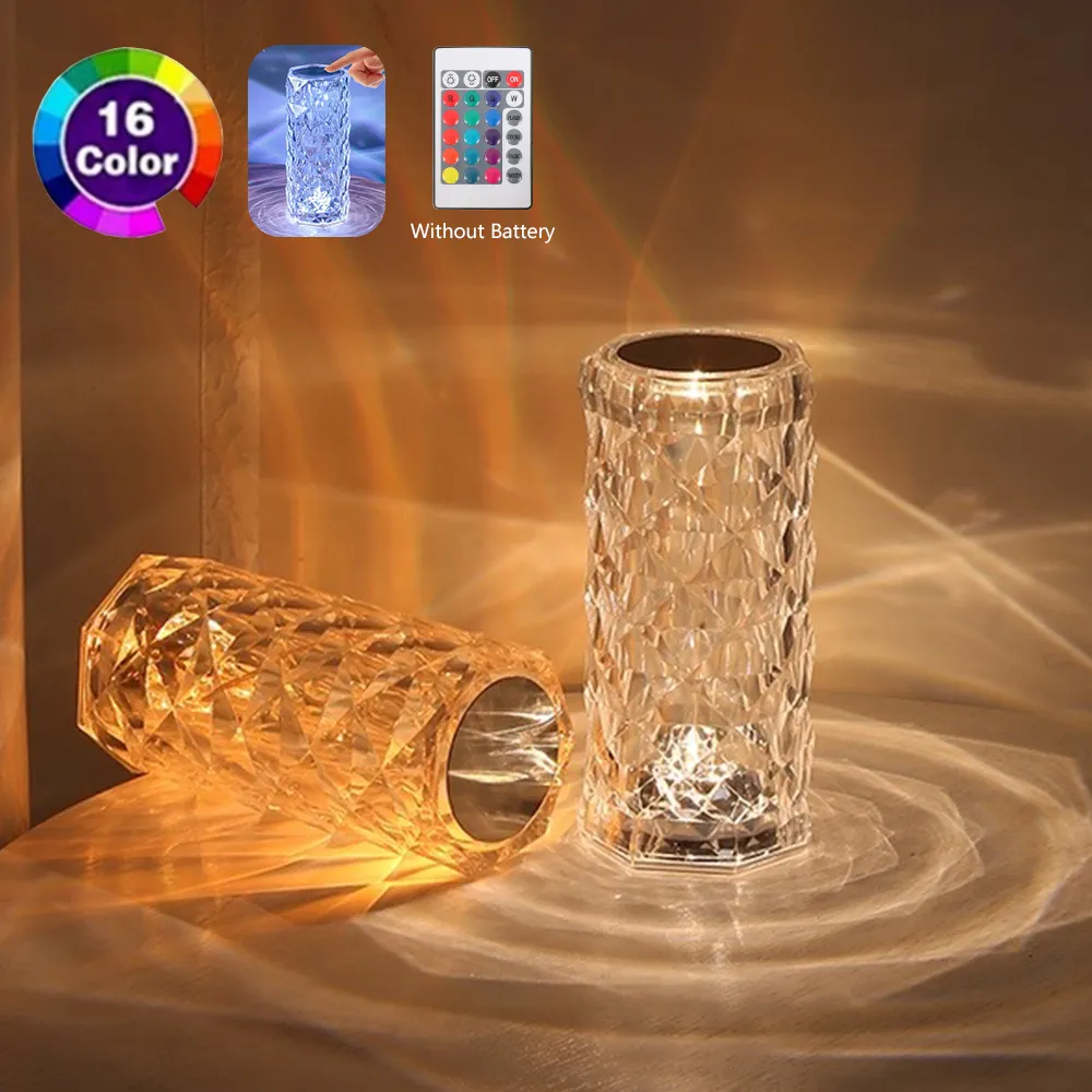 LED Crystal Table Lamp Rose Light Projector Touch Romantic Diamond ...
