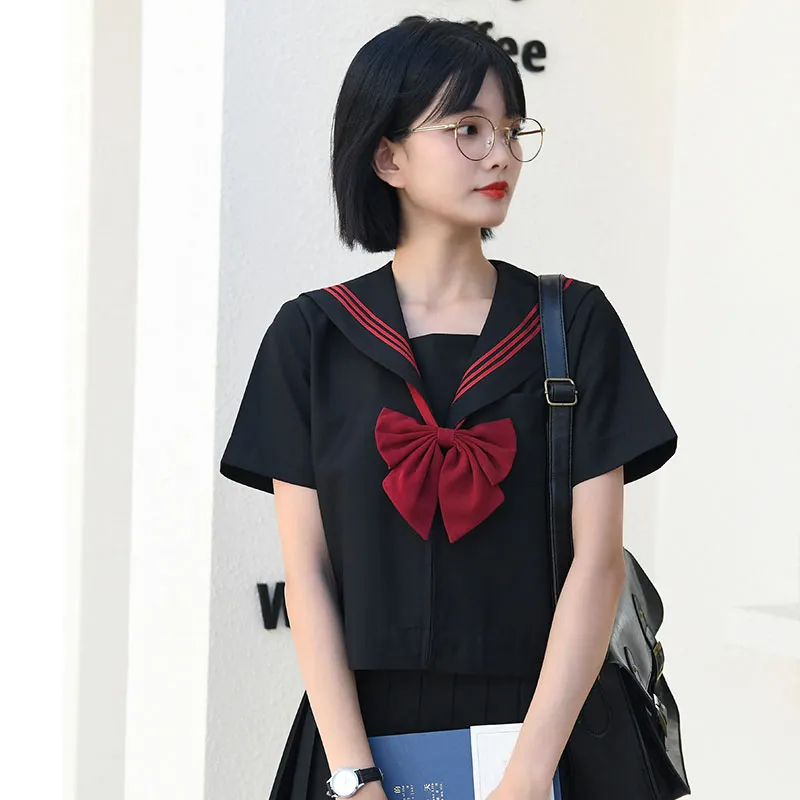 Japanese School Girl Cosplay JK Uniform: Black & Red Sailor Suit Outfit Sexy Seifuku Sailor ...