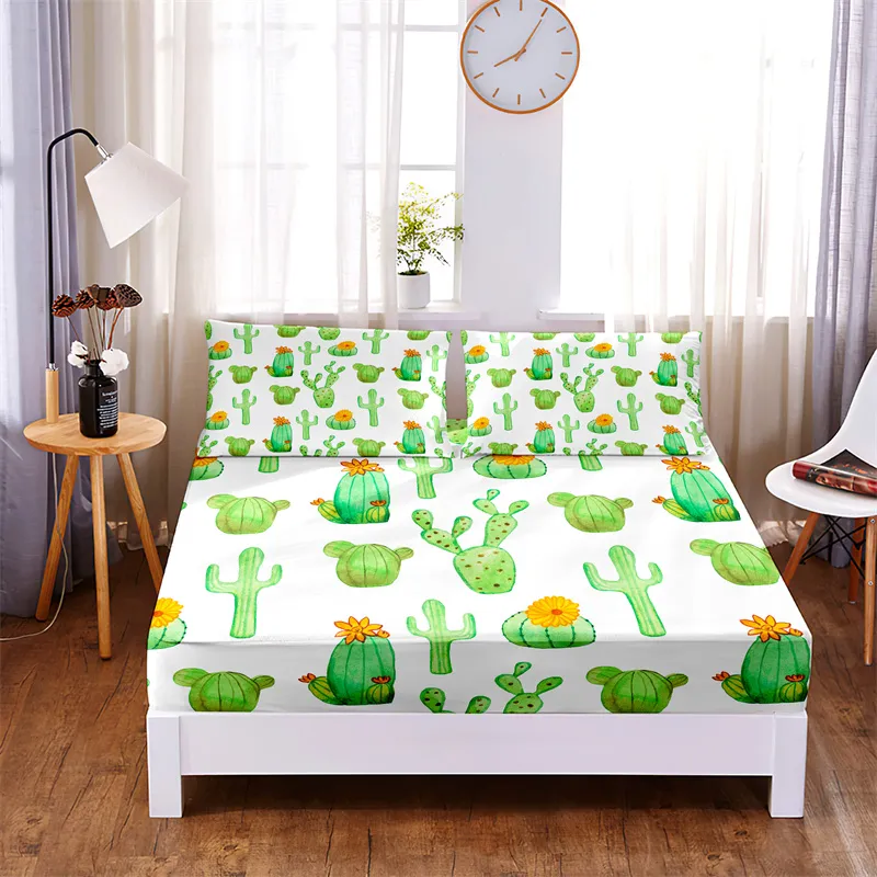 Tropical Cactus Bedding Set - Queen Size Fitted Sheet with Elastic ...