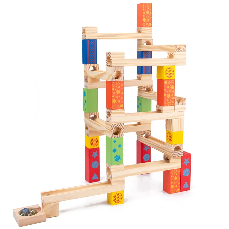 Montessori Marble Ball Run Track Stack Building Blocks - 3D Wooden ...