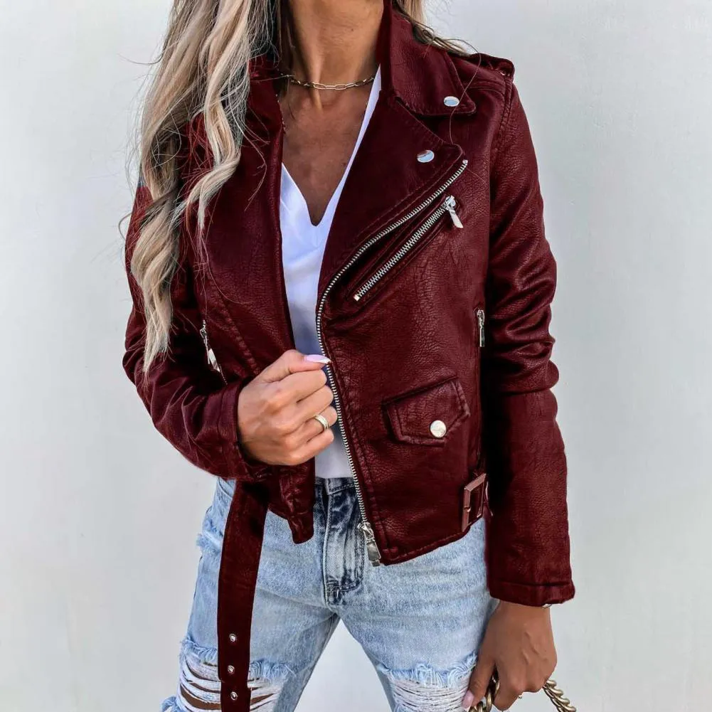 Women's Faux Leather Jacket: Stylish Lapel Long-Sleeve Coat for Autumn ...