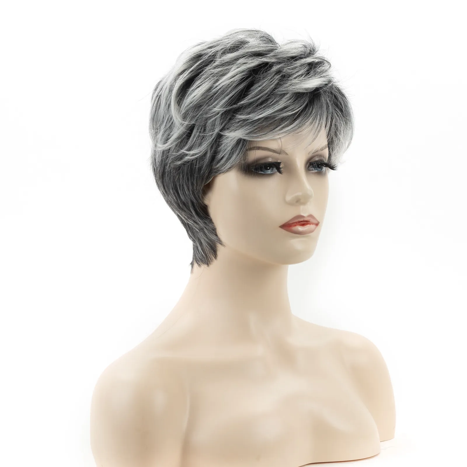 Short Synthetic Curly Wigs For Women Gray White Ombre Fluffy Wig With ...