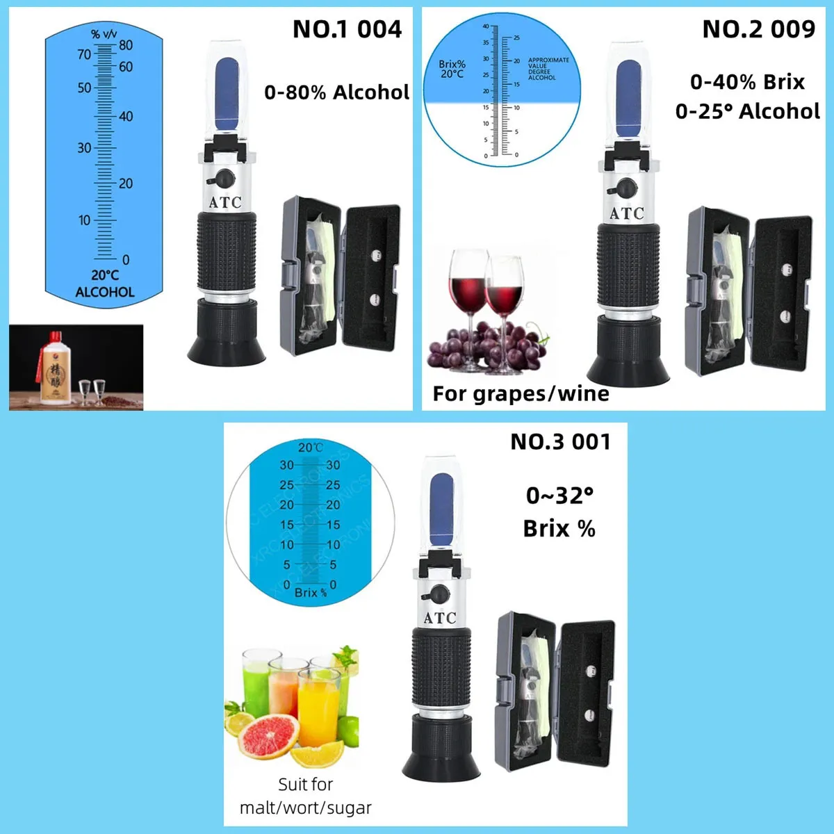 Professional Brix and Alcohol Refractometer: 0-32% Brix 0-80% Alcohol ...