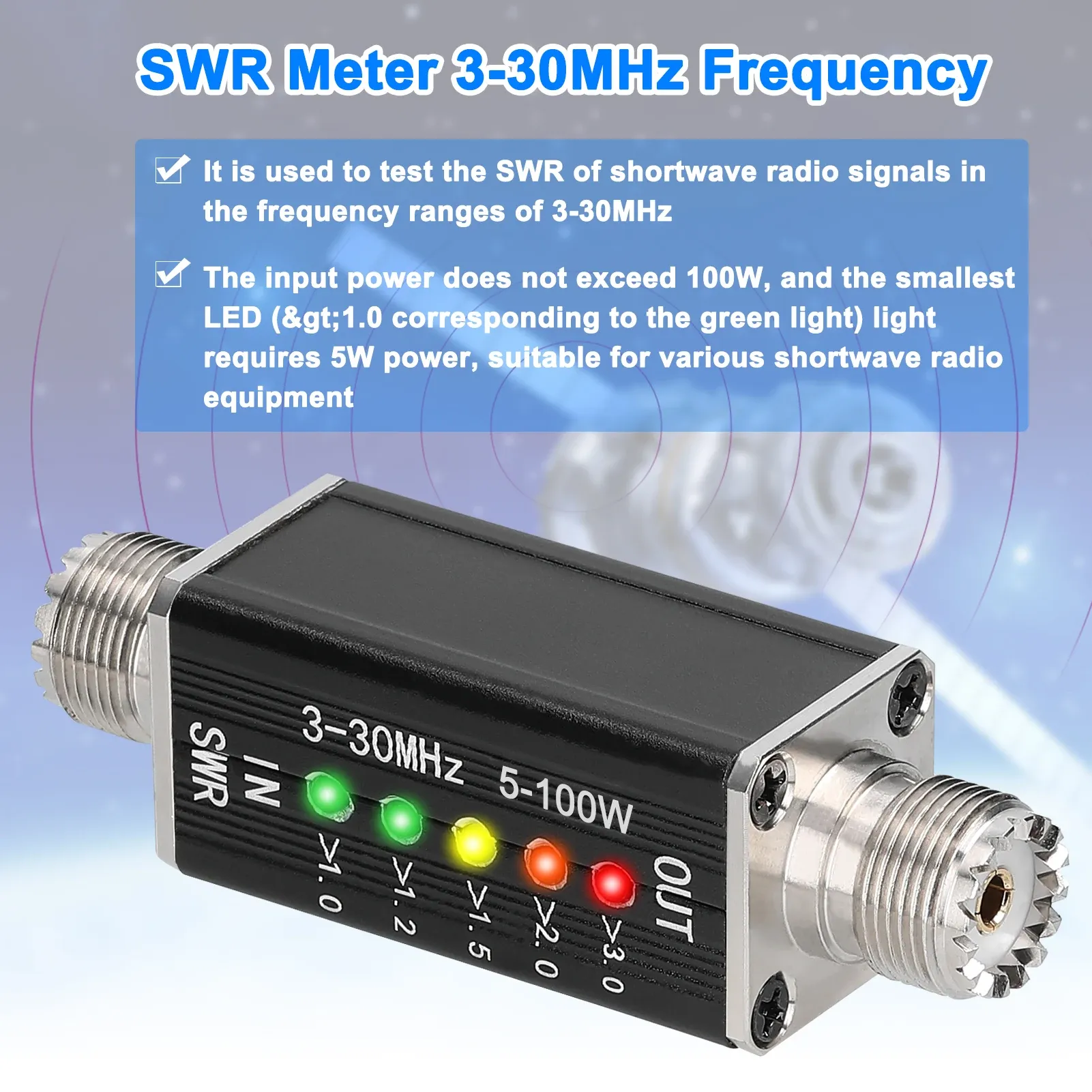 LED SWR Meter 3-30MHz Frequency Indicator with 5 LEDs, M Female ...