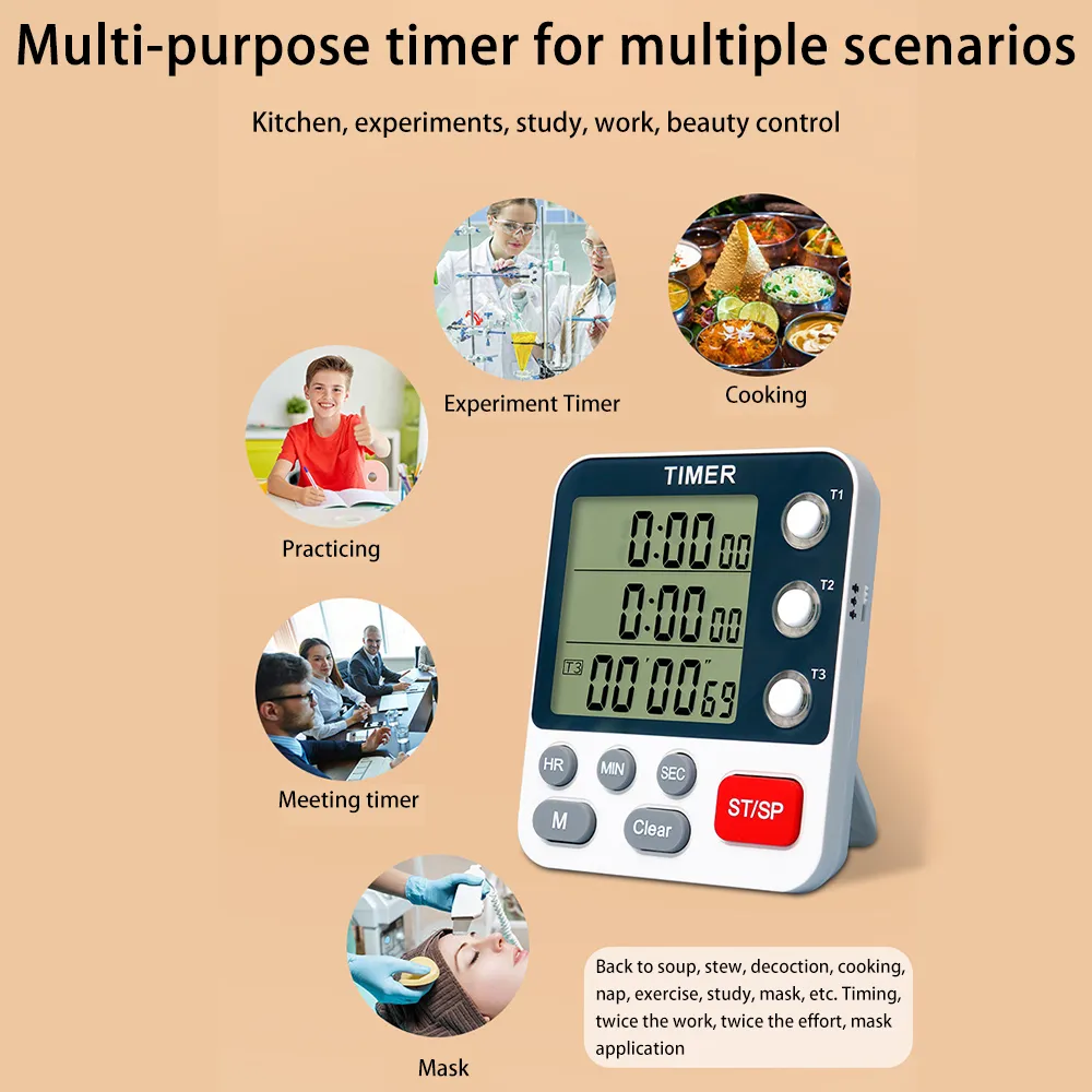 3-Channel Kitchen Timer with 100-Hour Countdown, Stopwatch, and 3 ...