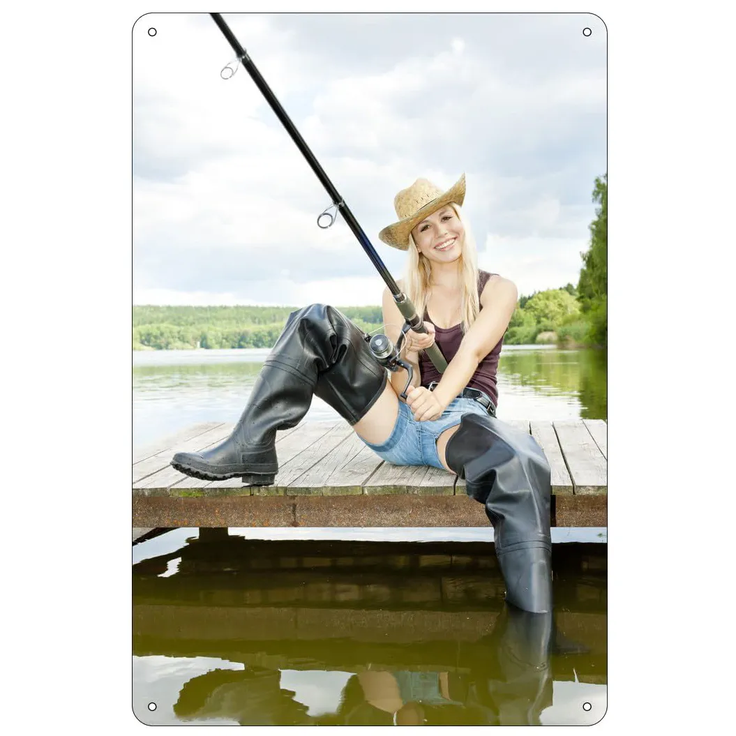 Metal Tin Sign Good Catch Pin Up Girl Fishing Reel Cowgirl Fish Decor ...