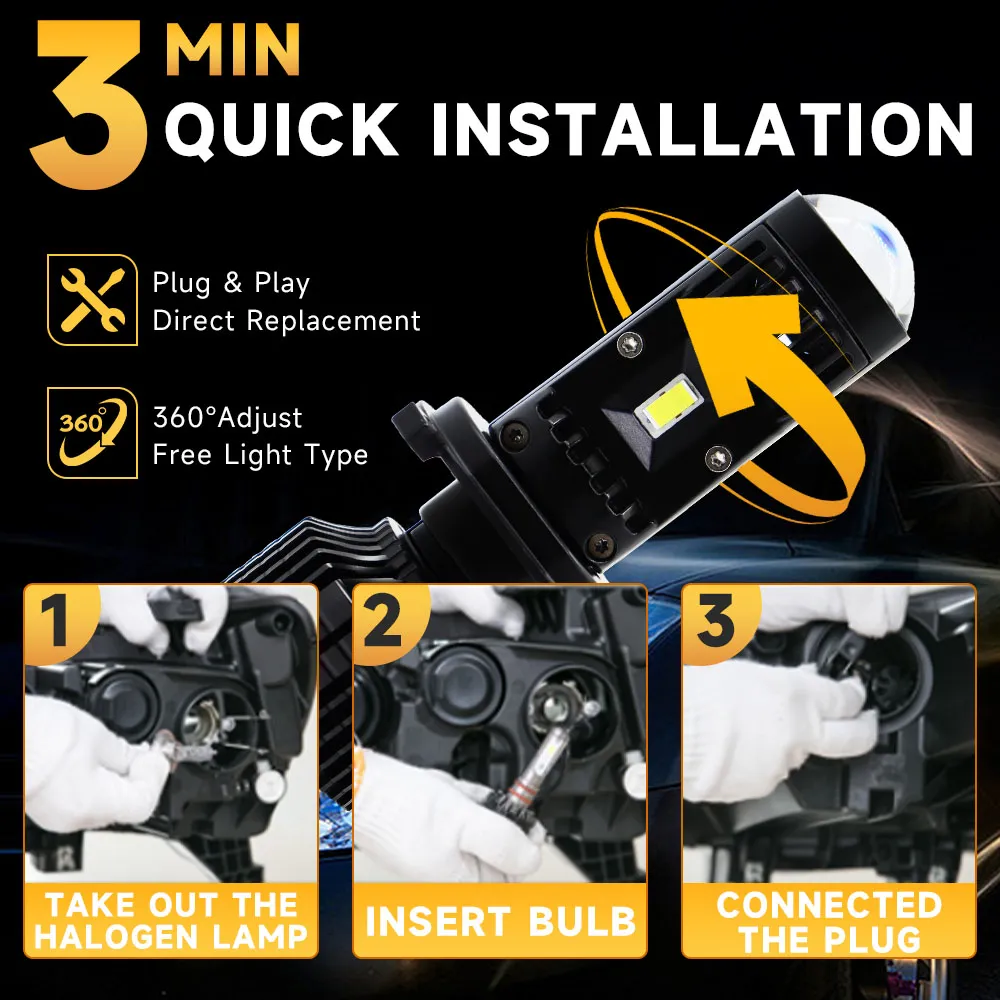 H4 H7 Mini Projector Headlight LED Bulbs, 6000K Super Bright LED Fog ...