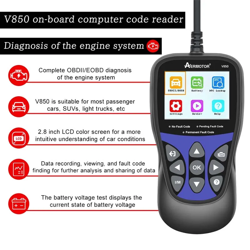 Aermotor V850 Automotive OBD2 Scanner Multi Brand Car Engine Check Code ...