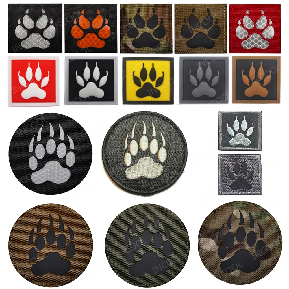 Reflective Embroidered PVC Bear Paw Claw Military rough patch for Clothing, Hats, Bags, Jackets ...