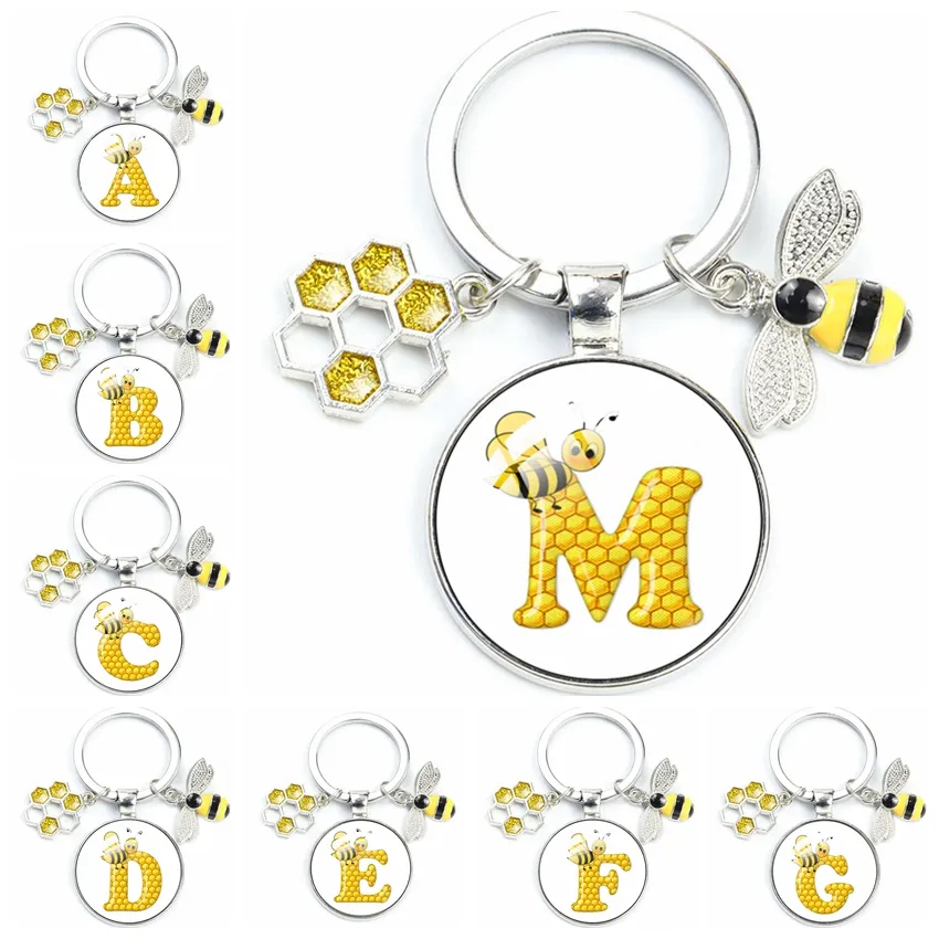 Creative Bee&Honeycomb cute keychains with 26 English Letters, Enamel ...