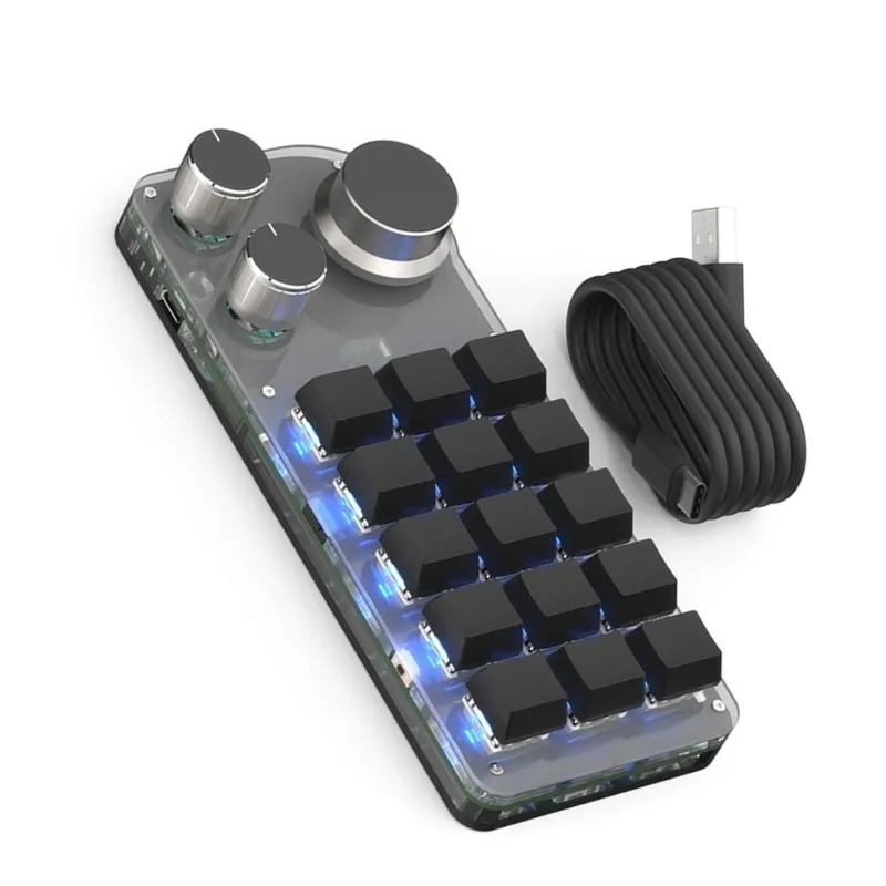 15-Key RGB Programmable Mini Macropad with 3 Multimedia Knobs for Video ...