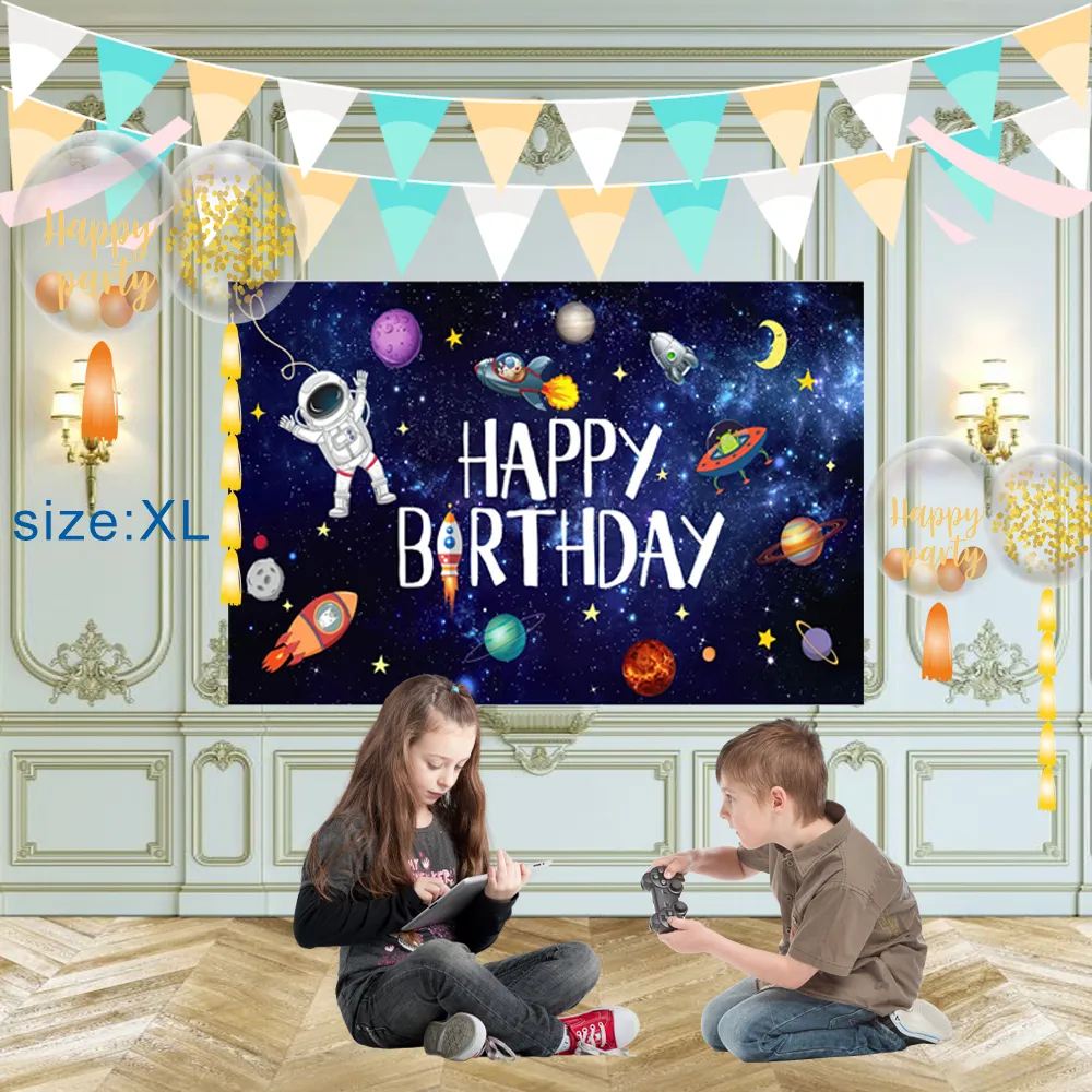 Outer Space Birthday Backdrop Banner Vinyl Astronaut Rocket Spray ...
