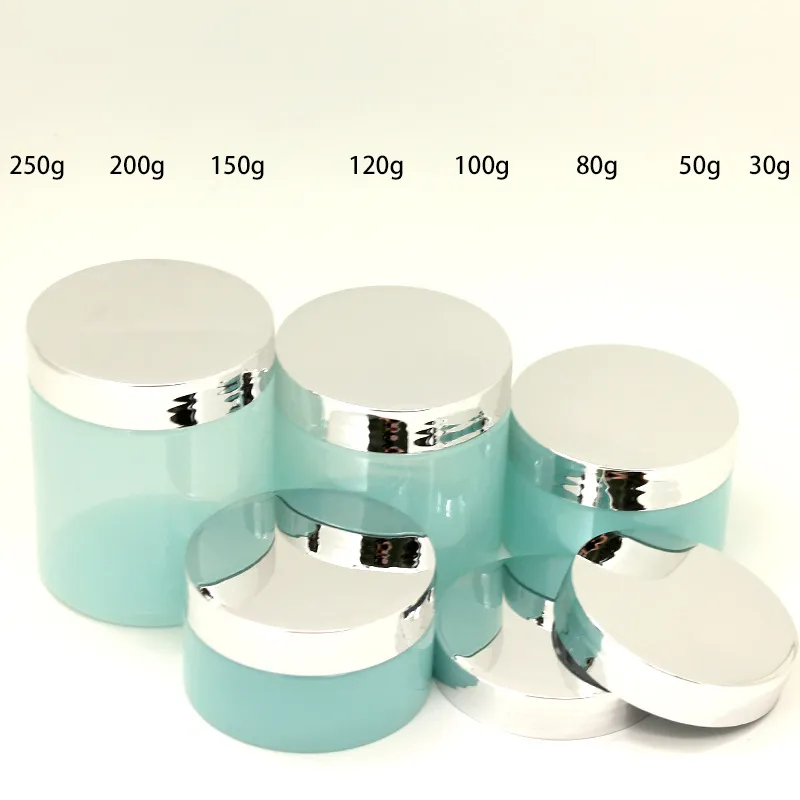DHgate.com:24Pcs Blue Cosmetic Jars with Glossy Silver Lids - 100g, 120g, 150g, 200g, 250g Empty ...