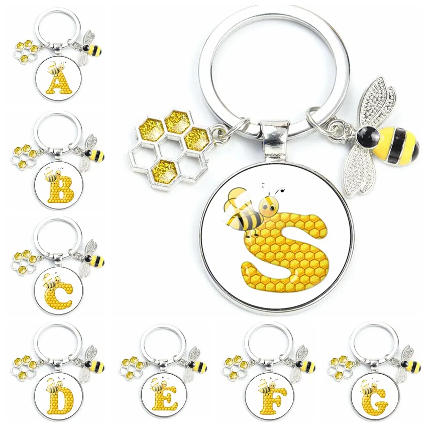 Enamel Bee & Honeycomb Alphabet Keychain 26 Letter Charms A Z Domed ...