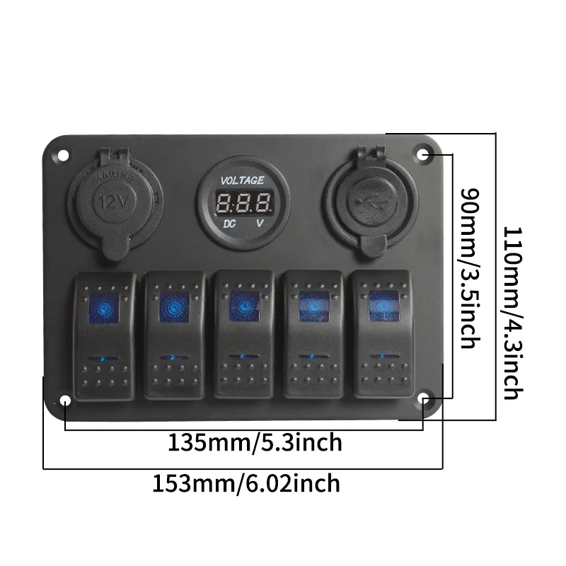 TYTXRV 5-Gang Control Switch Panel - Waterproof Blue LED Rocker ...