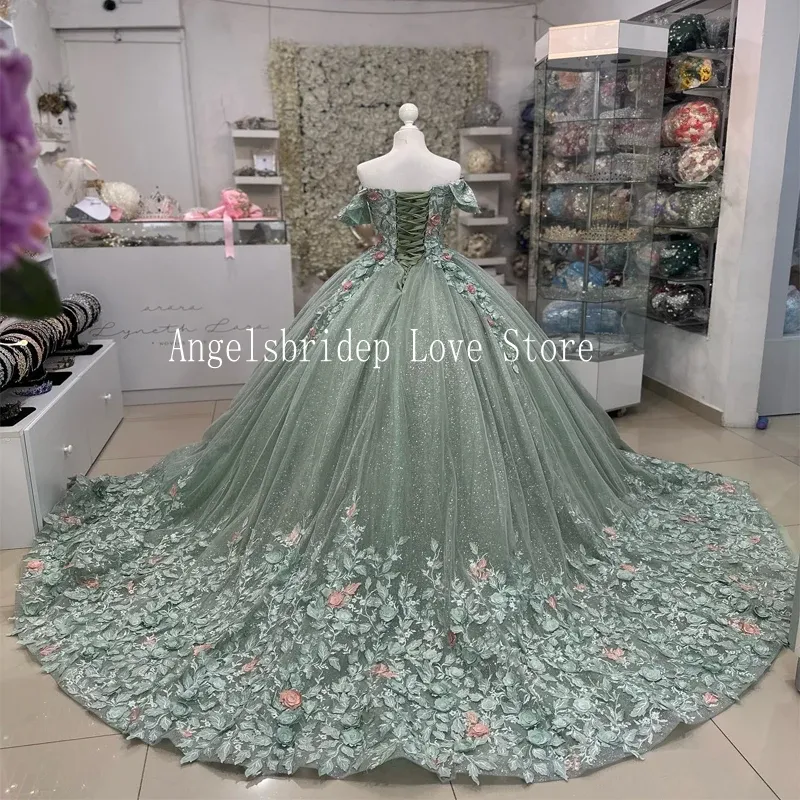 Green Tulle Prom Dress Ball Gown: Shiny Off Shoulder Appliqued Party ...