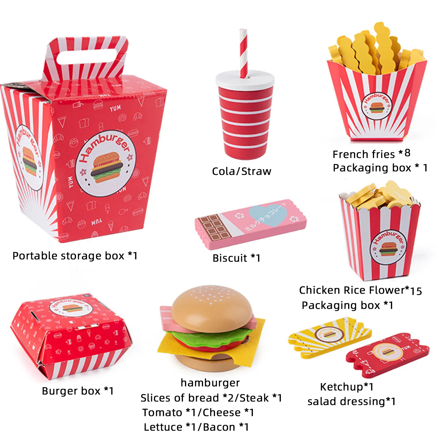 Wooden Fast Food Deluxe Dinner Set: Burger and Fries Stacking Toy for ...