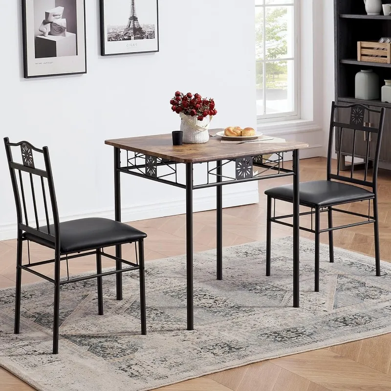 Retro Small Dining Table Set 2024 Square Kitchen Table and 2 PU Chairs 3 Piece Dinette Set for Small Spaces Retro Brown