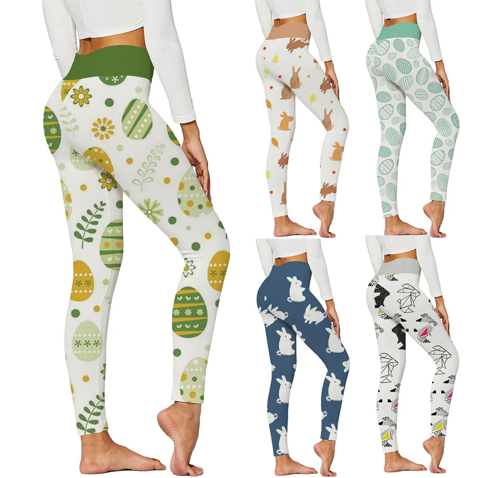 High-Waisted Bunny Print Running Tights for Easter Sports and Yoga from ...