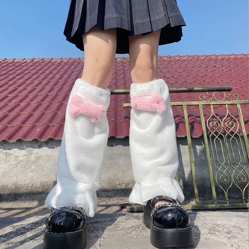 Kawaii Japanese Plush Fur Bow Leg Warmers - Y2K Boot Cuffs, Harajuku JK ...