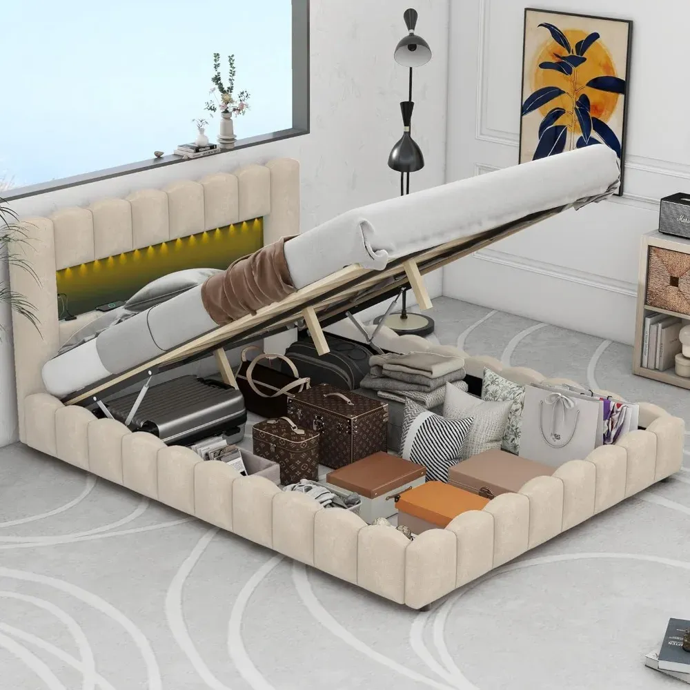 Premium Linen Upholstered Bed With LED High Headboard Ottoman Bed Built In Shelving USB And Wooden Slatted Support For Lift Storage From Homepro14 276.24 DHgate.Com