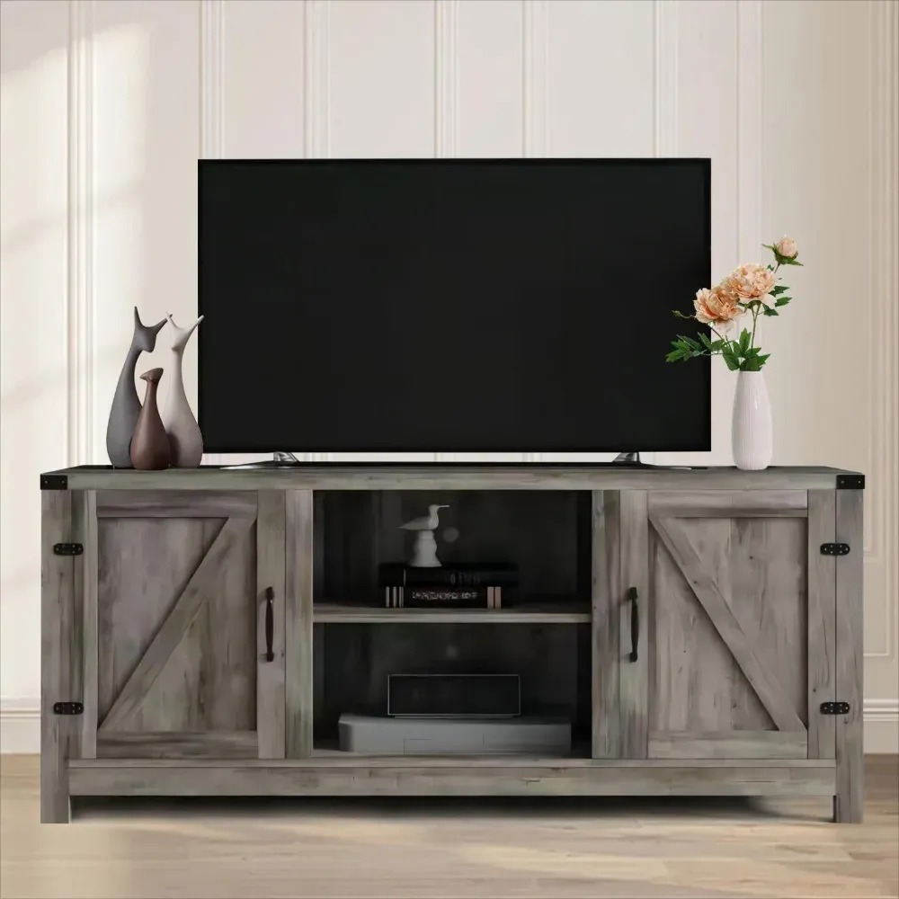 Gray Farmhouse TV Stand Barn Door Media Cabinet With Doors For TVs Up ...