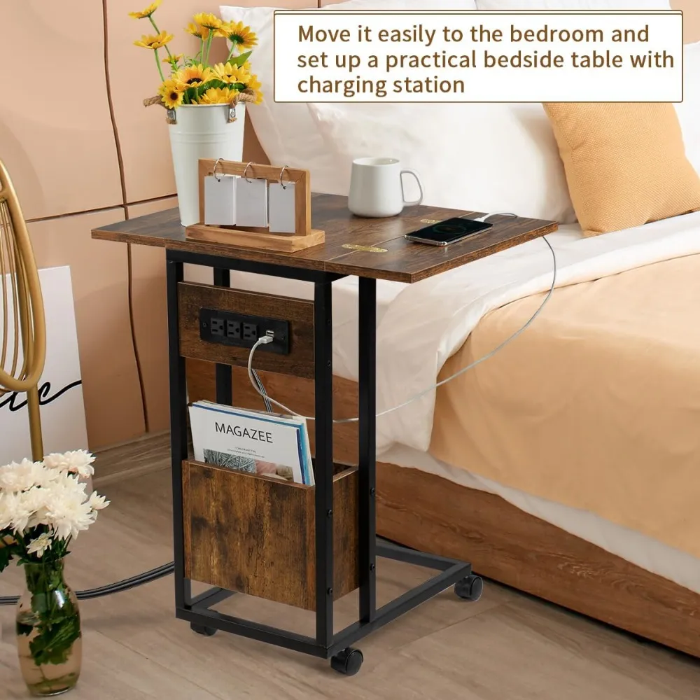 End Table With Charging Station C Shaped Folding Rolling Tray Table ...
