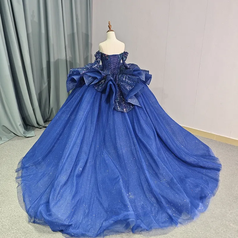Off Shoulder Navy Blue Princess Quinceanera Blue Princess Ball Gown ...