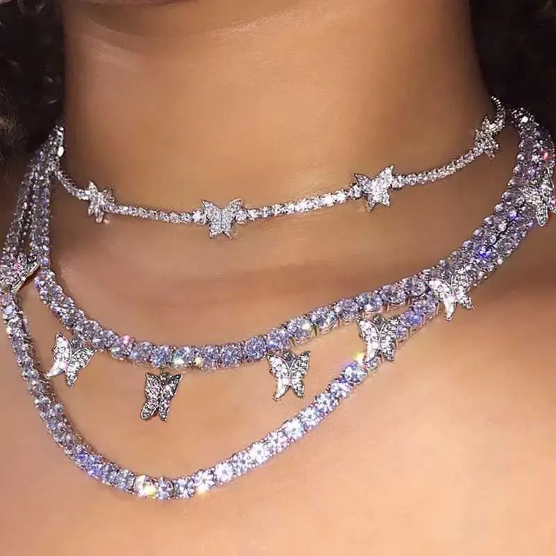 Trendy Iced Out Butterfly Choker Necklace Gold Silver Tennis Chain Pendant Jewelry for Women Men
