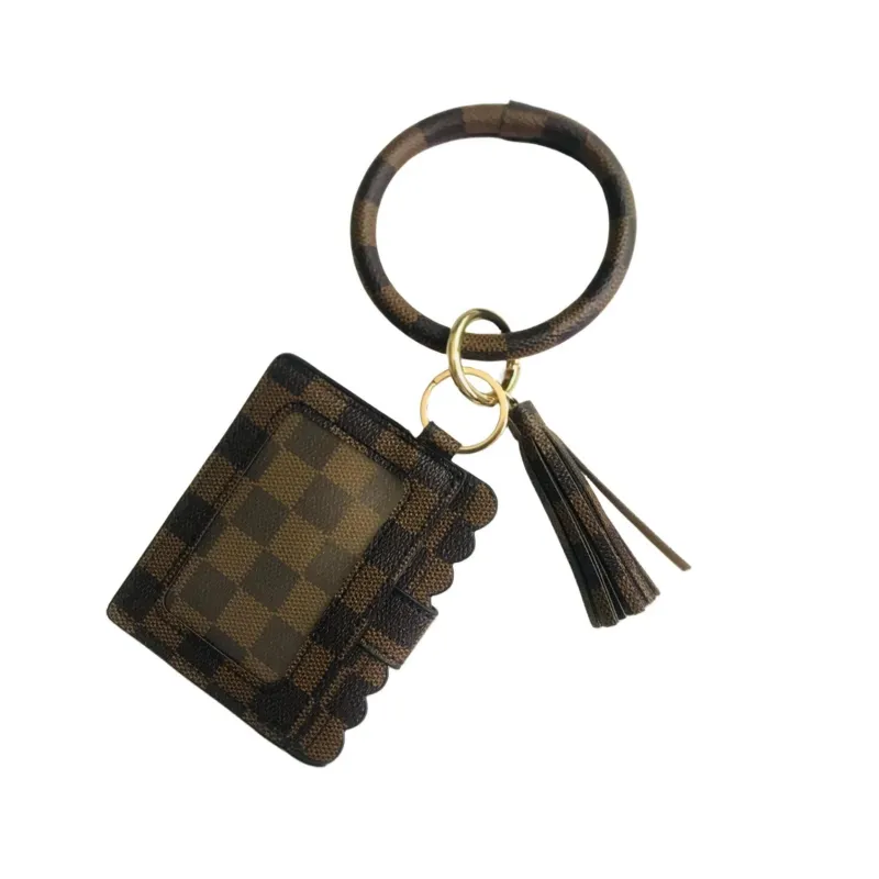 Stylish Rice White Plaid PU Leather Fringe Bracelet Keychain Key Chain ...