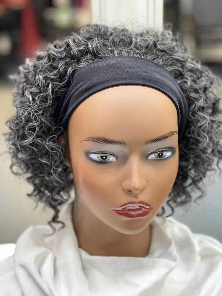 Human Hair Grey Wigs Deep Curly Headband Wig For Black Women Salt And ...