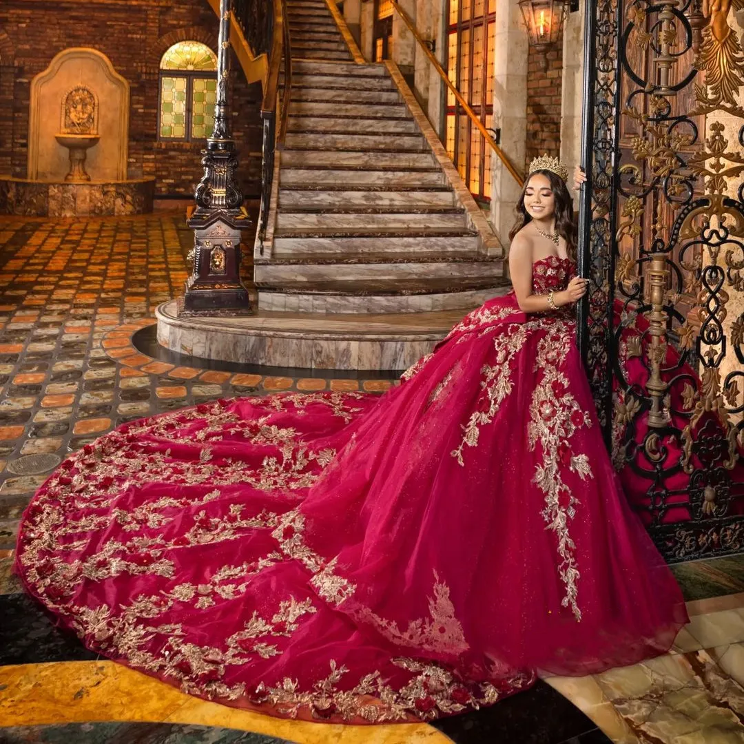 Custom Luxury Red Quinceanera Dress With Appliques, Sequins & Beading ...