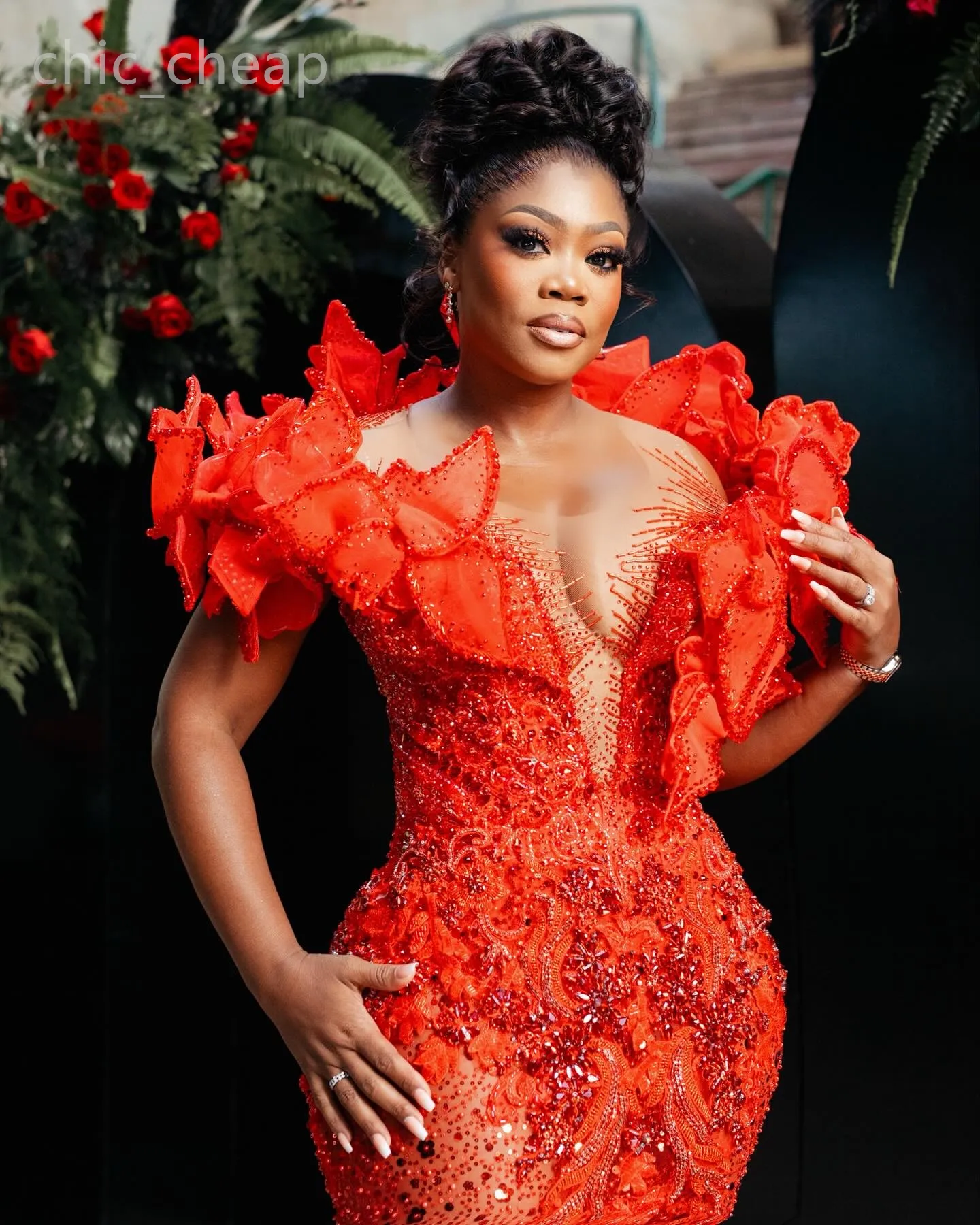 Red Mermaid red prom gown with Beaded Crystals - Elegant See-Through Gown for Evening, Formal ...