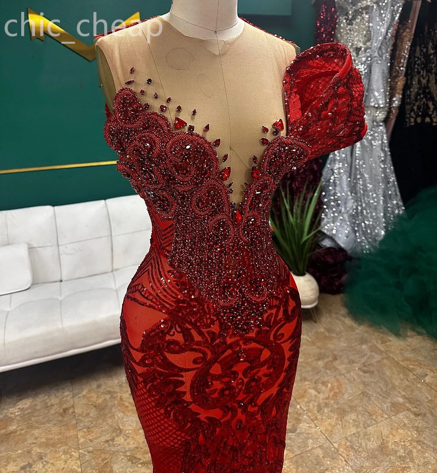 2024 Aso Ebi Red Mermaid Prom Dress Beaded Crystals See Through Evening Formal Party Second ...
