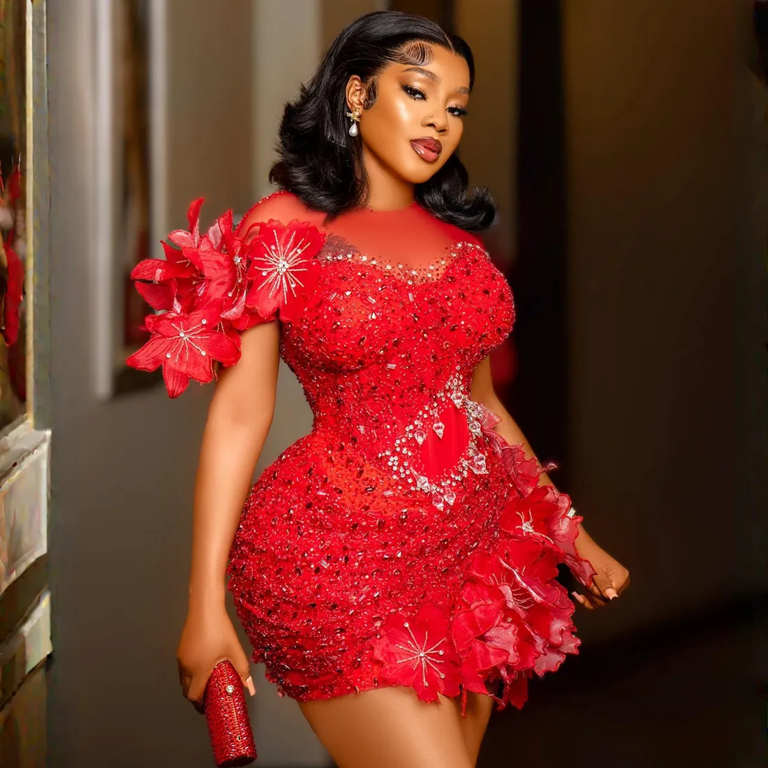 Sequin Mini Party Dress: Aso Ebi Lace Gown | Sheer Neck 3D Flower ...