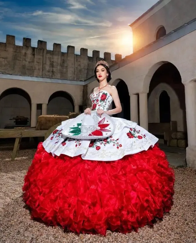 White And Red Mexican Charro Mexican Red Quinceanera Dresses With ...