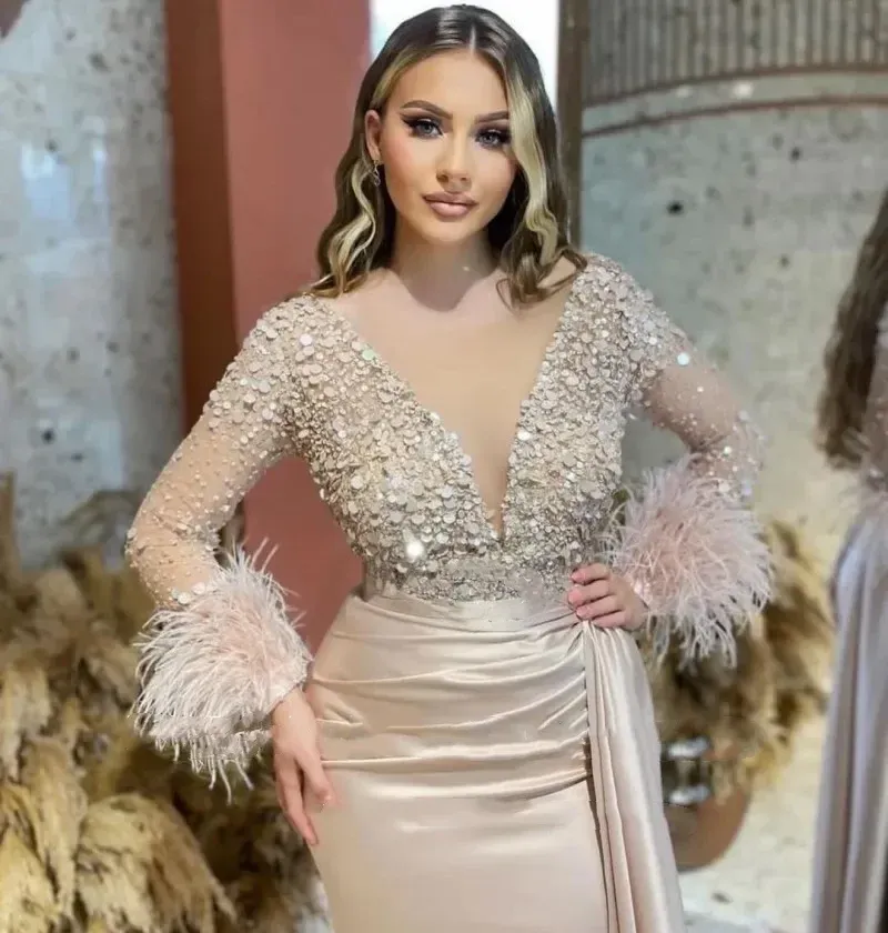 Luxury Champagne Feather feather prom dress with Long Sleeves and ...