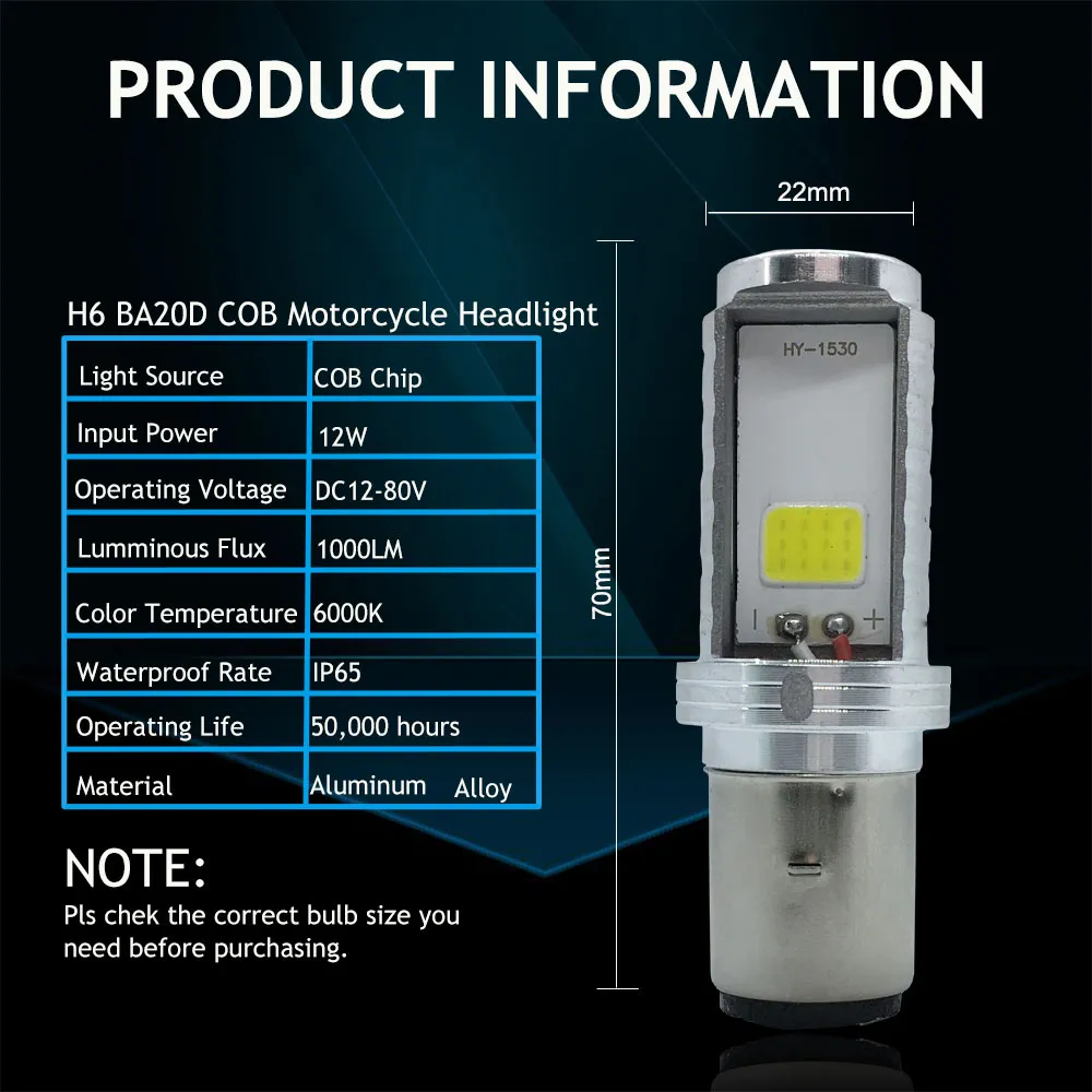 High-Power 12000LM BA20D H6 LED Headlight Bulb for Motorcycles - 6500K ...