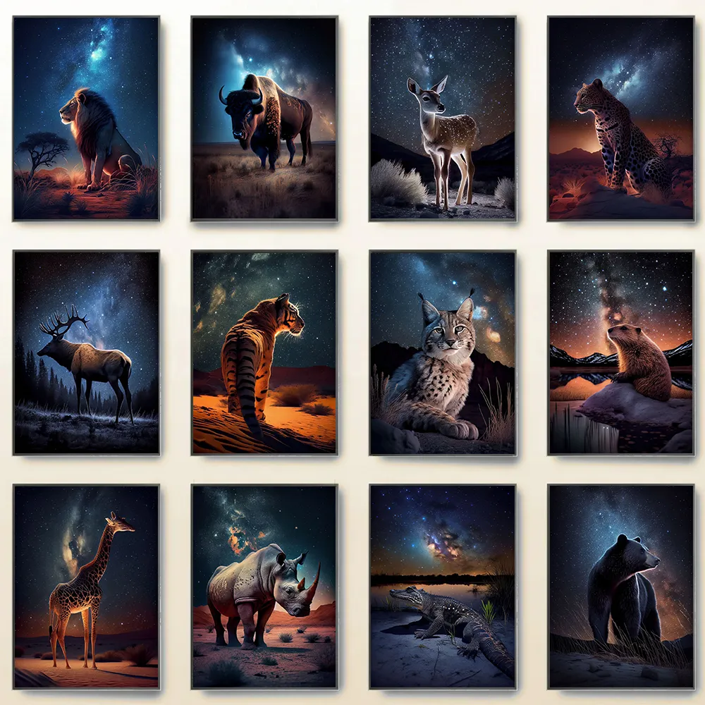 Canvas Wall Art Prints: Wild Animals Under Milky Way Lions, Tigers ...