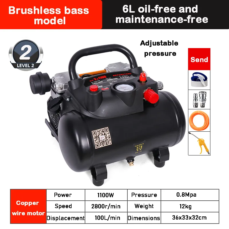220V 1100W 8L Small Air Compressor, 6L Oil-Free Silent High Pressure ...