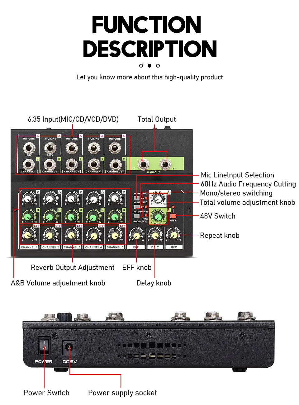 Digital Equalizer Mixer Console With Reverb & 48V Phantom Power 10 ...