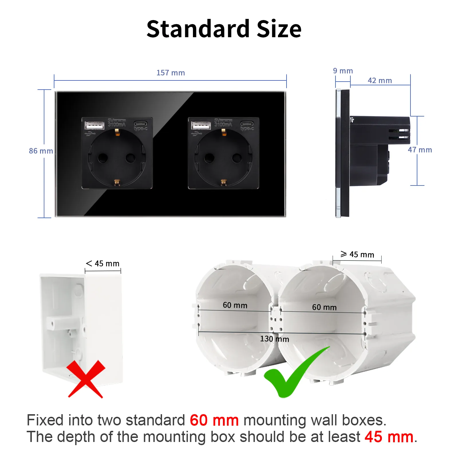 Black Glass EU Standard Wall Power Socket with USB, TV, Computer ...