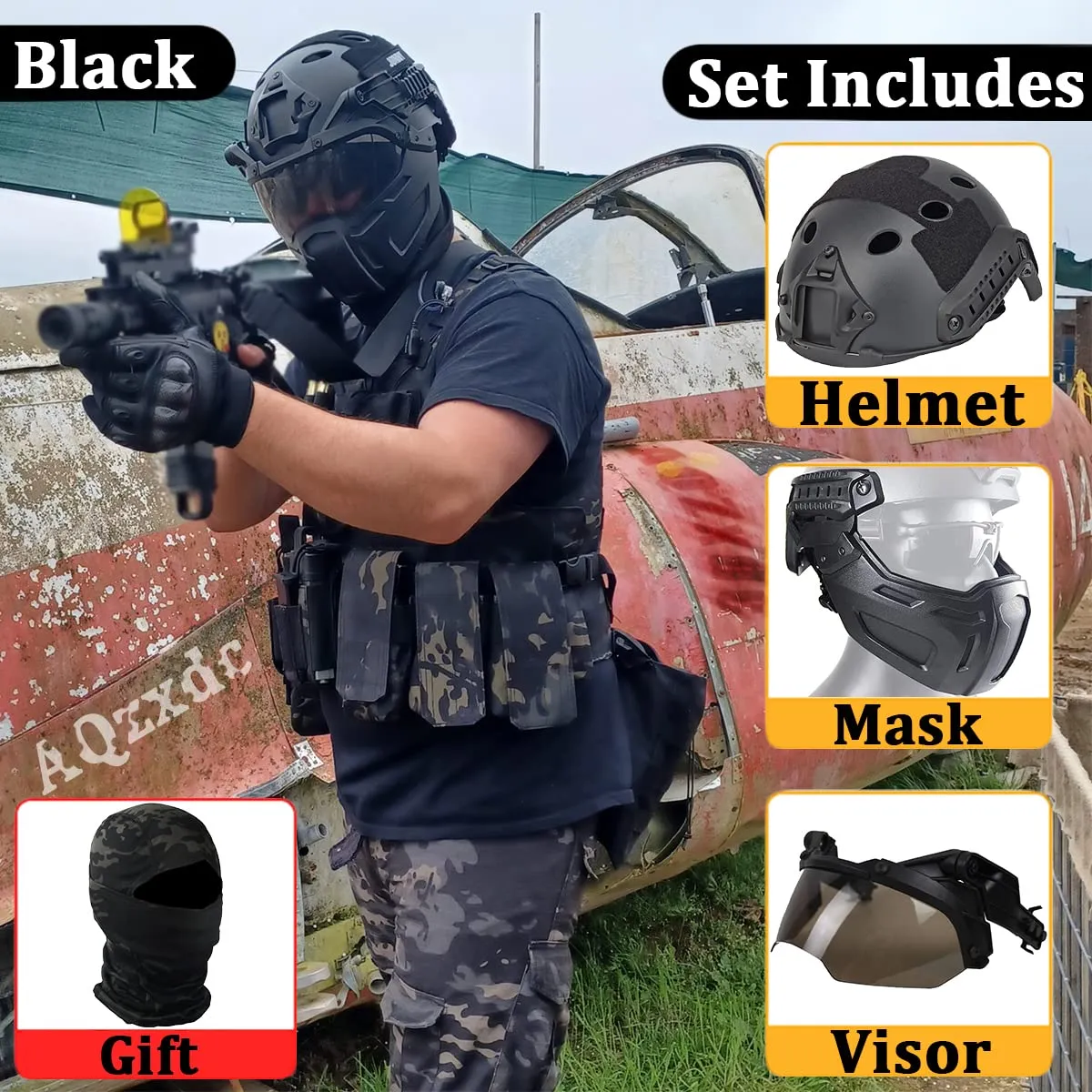 Tactical Airsoft Helmet With Paintball Mask And Visor Set Back Full ...