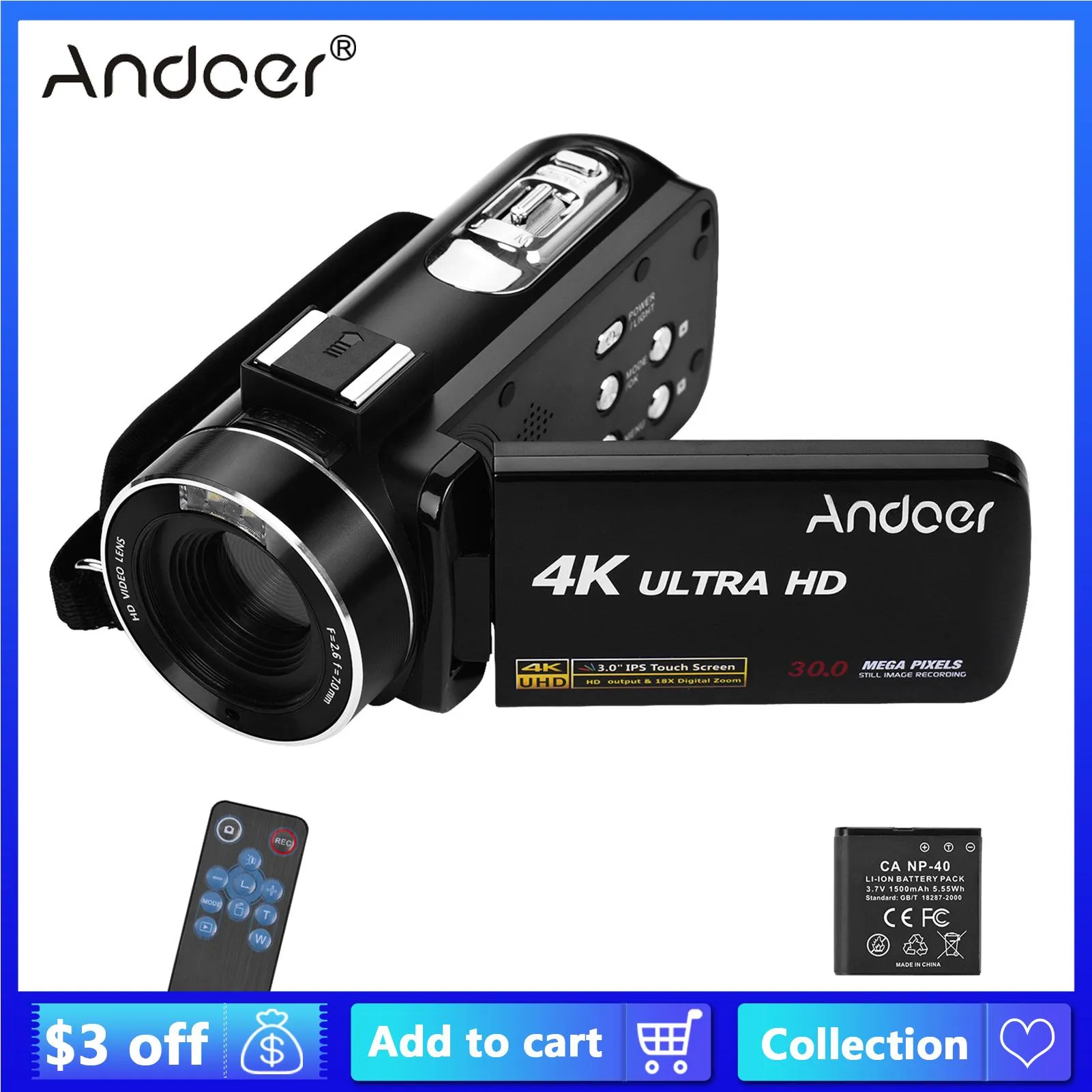 4K Ultra HD Digital Video Camera, 3'' IPS Screen Camcorder with Anti ...