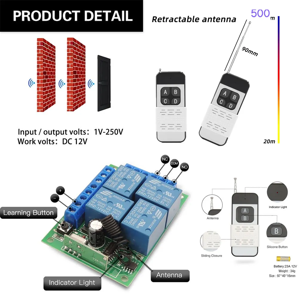 DHgate.com:Universal 12V 4CH Relay Receiver with 433MHz RF 500m ...