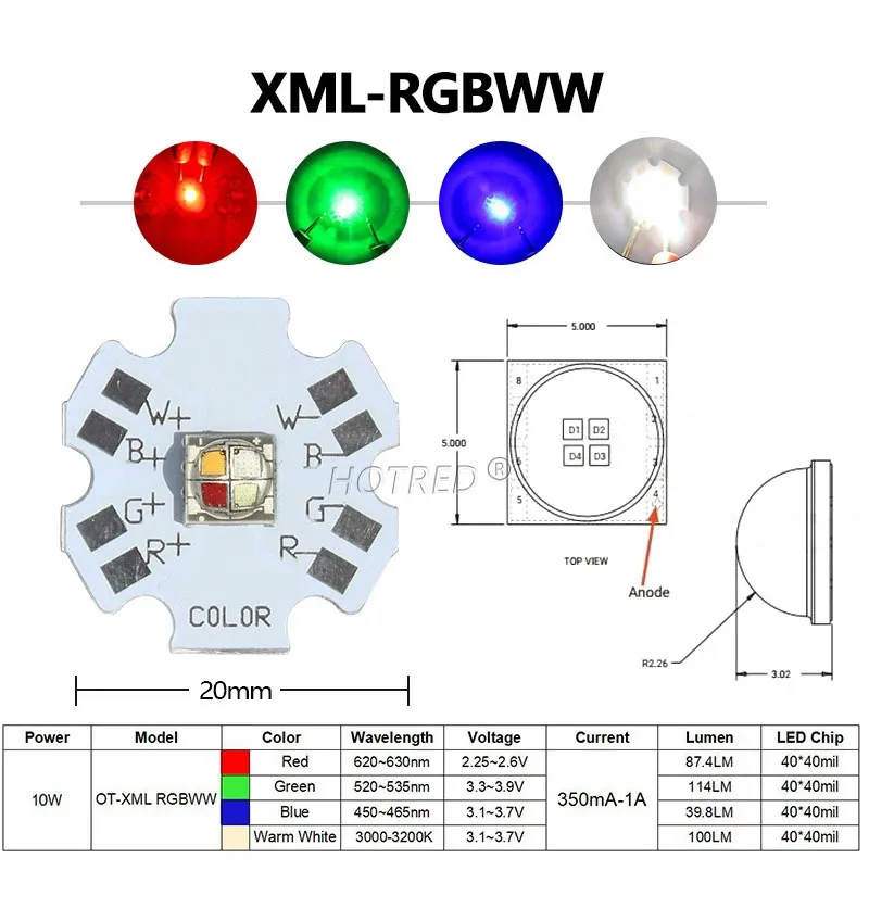 Pack of 10 Ceramic RGBW 5050-T6L2 XLM 4-Chip LEDs 20mm Star PCB Board ...