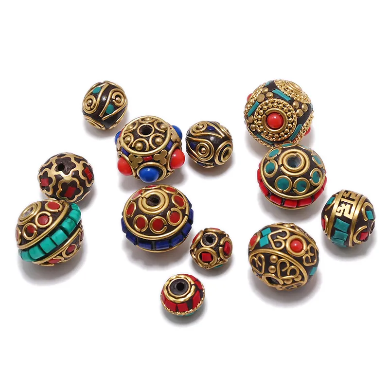 2024Nepal Handmade Buddhist Brass Clay Inlaid Orb Beads for DIY ...