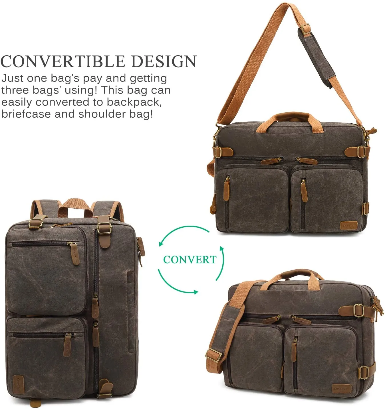 CoolBELL Vintage Waxed Canvas Laptop Messenger Bag Convertible Travel ...